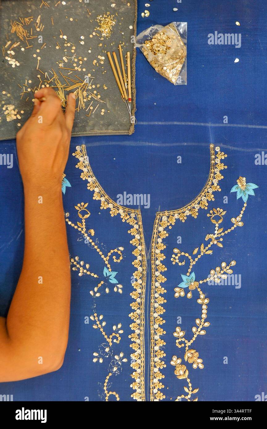 A Zardozi and Karchupi artisan of Bihari community, in Chittagong city ...