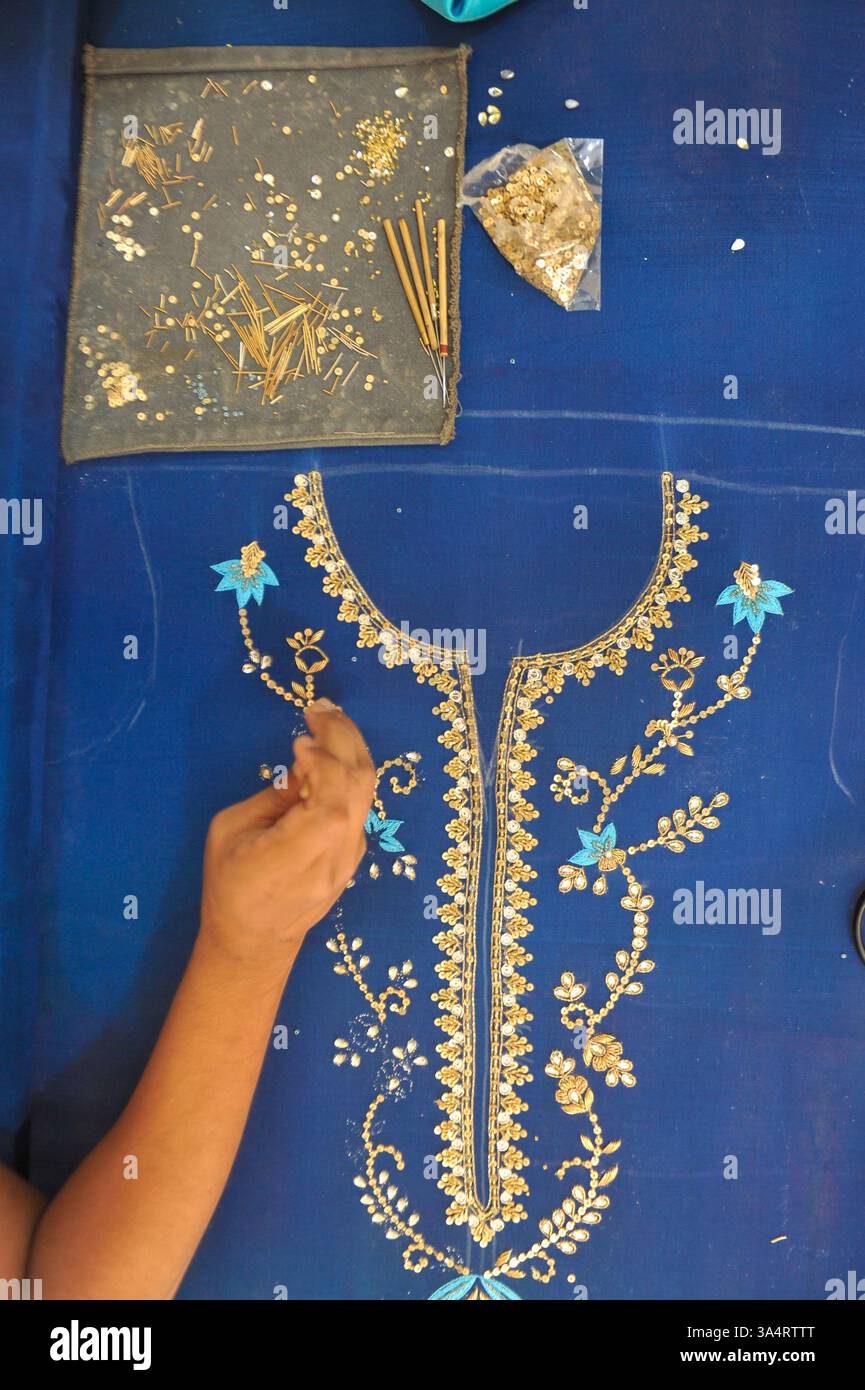 A Zardozi and Karchupi artisan of Bihari community, in Chittagong city ...