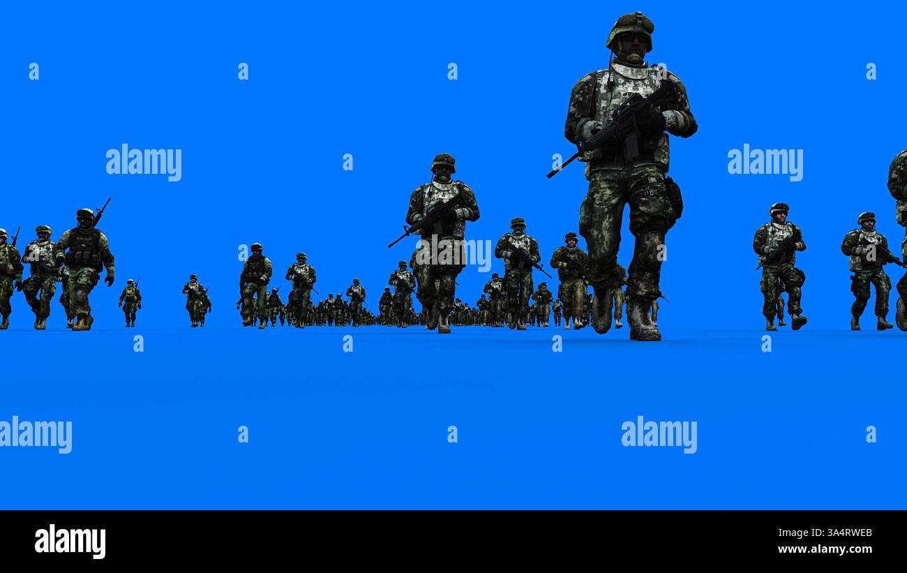 a crowd of walking soldiers with weapons. green screen. War, conflict ...