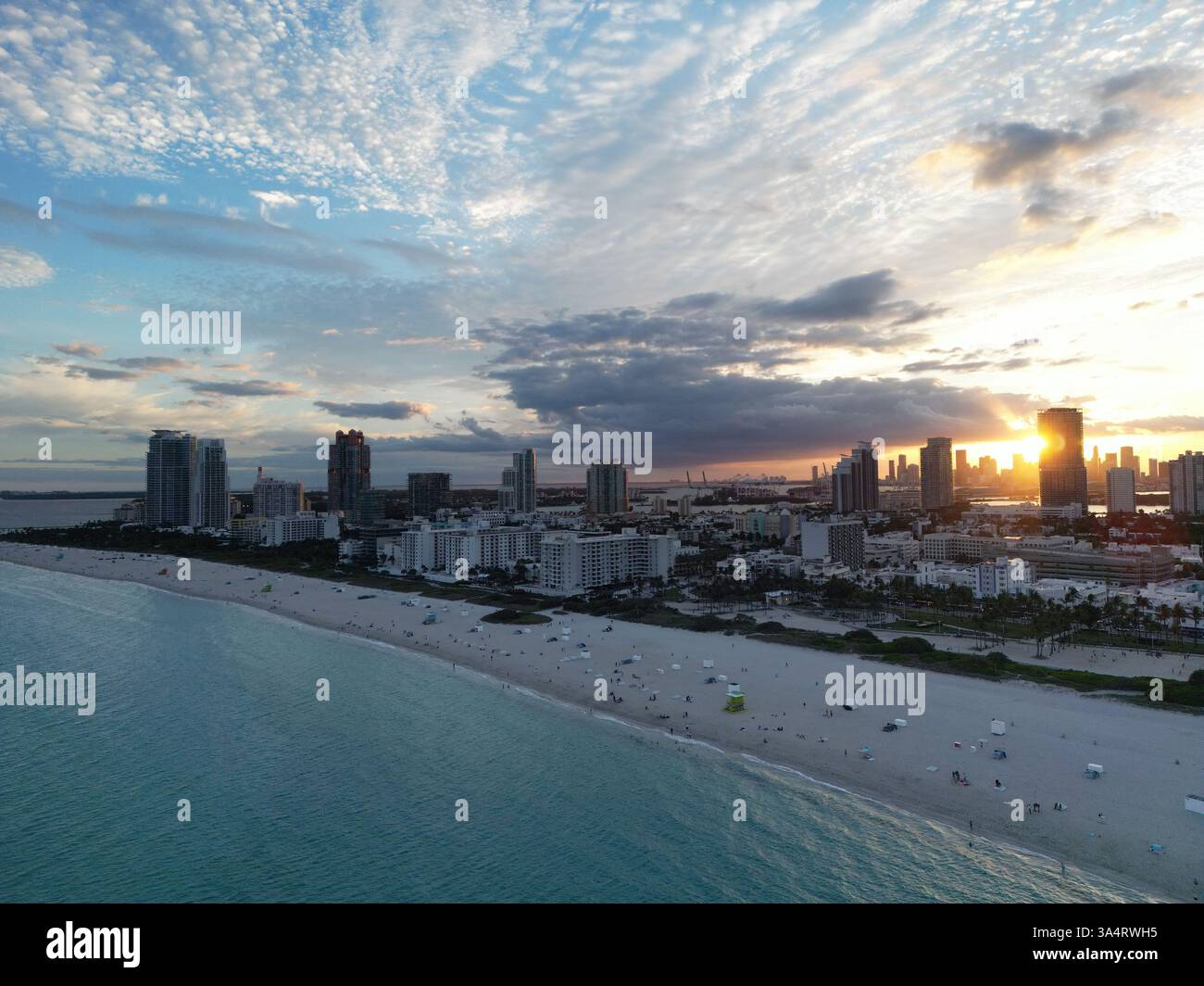Miami skyline with ocean view. Sunset over South Florida beaches. Drone ...