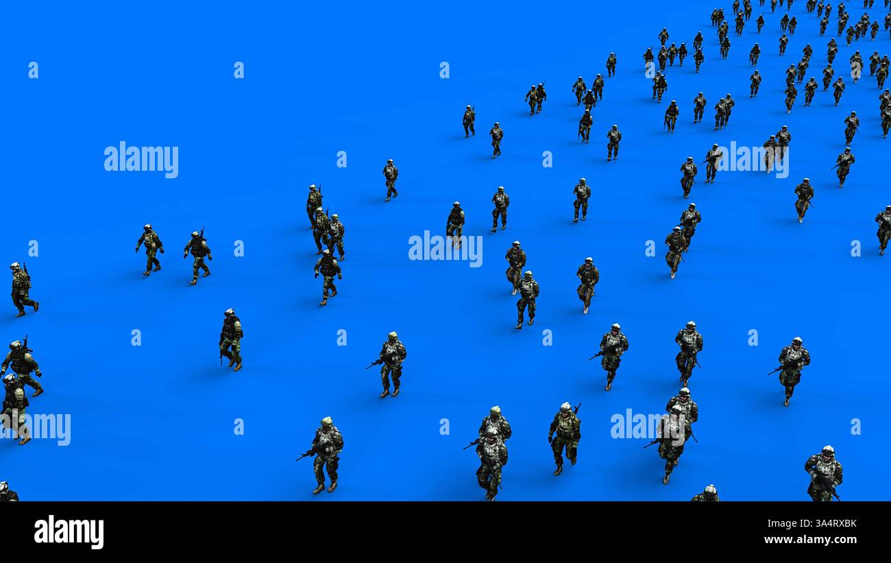 a crowd of walking soldiers with weapons. green screen. War, conflict ...