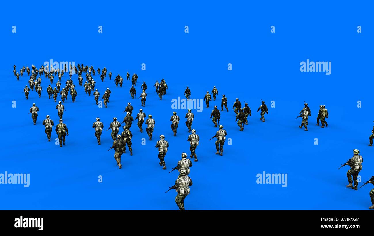 a crowd of walking soldiers with weapons. green screen. War, conflict ...