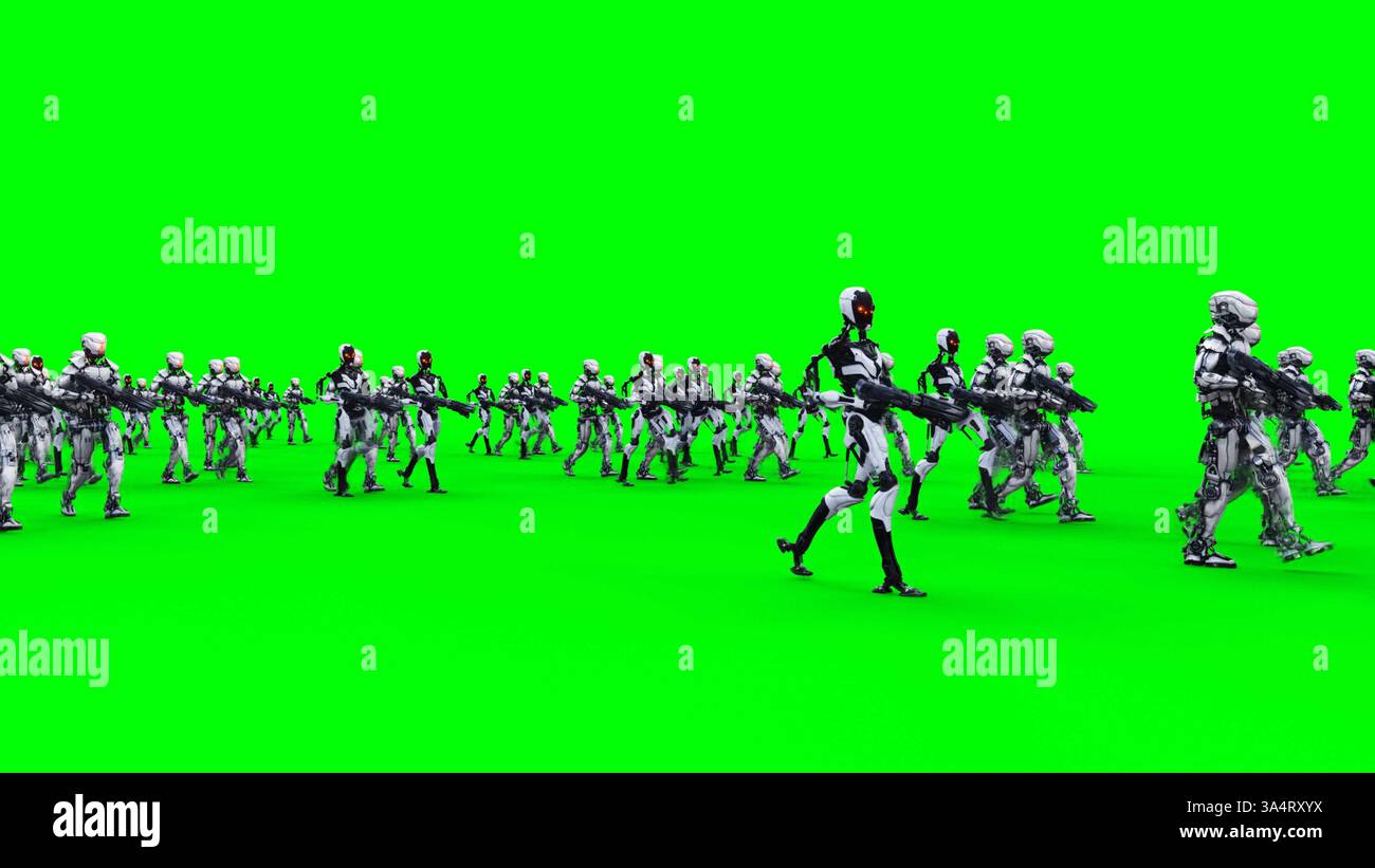 a crowd of walking robots with weapons. green screen.3d rendering Stock ...