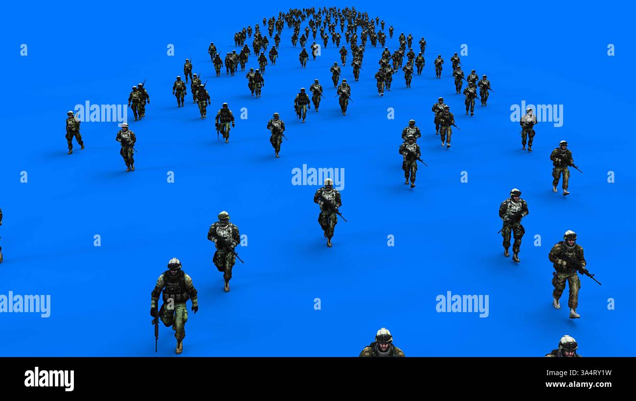 a crowd of walking soldiers with weapons. green screen. War, conflict ...