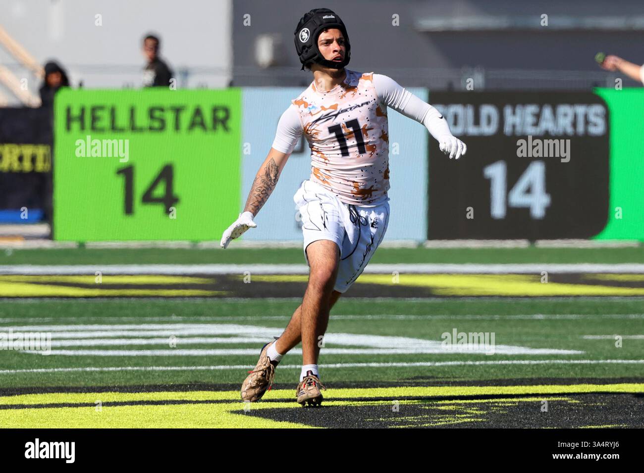 Hellstar safety Tay Lockett (11) runs on the field against Cold Hearts ...