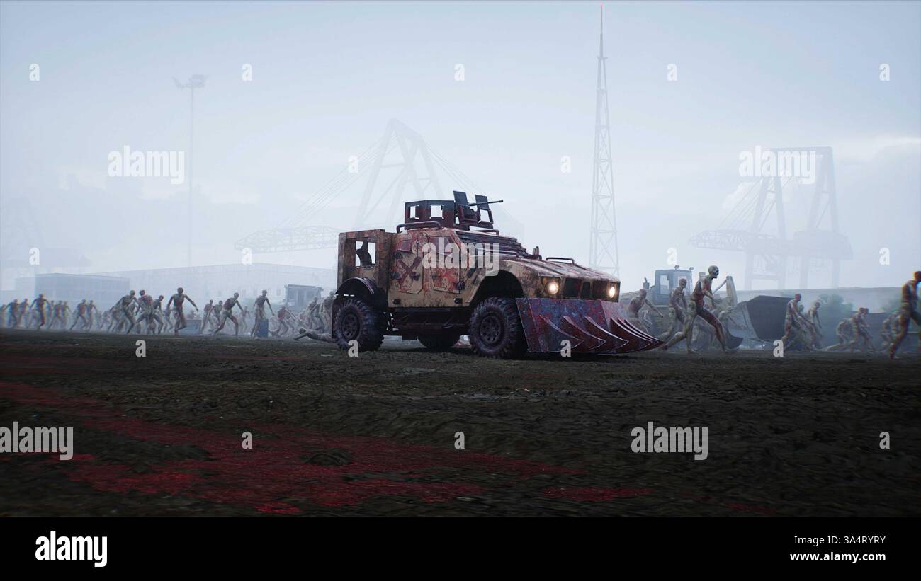 zombie car and walking crowed zombies. Apocalyptic concept. 3d ...