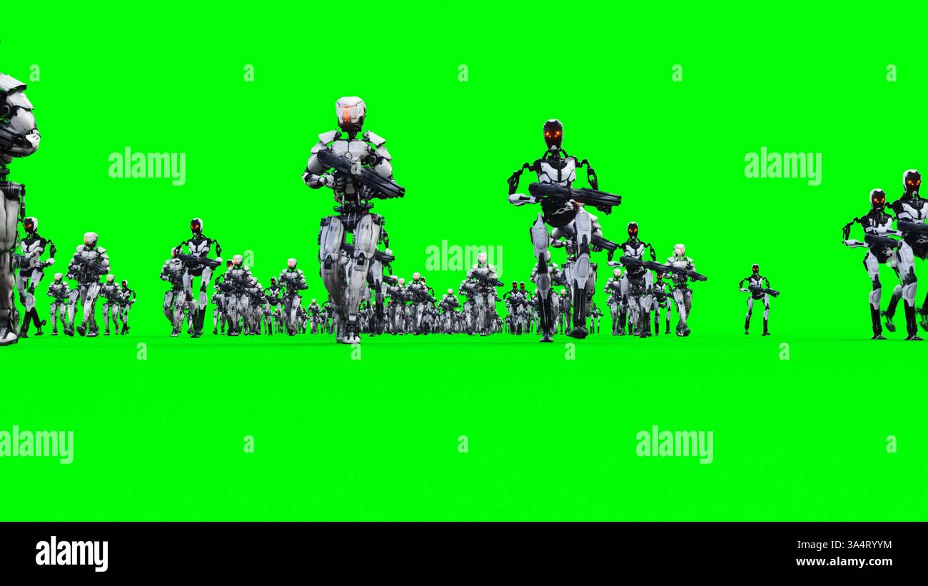 a crowd of walking robots with weapons. green screen.3d rendering Stock ...