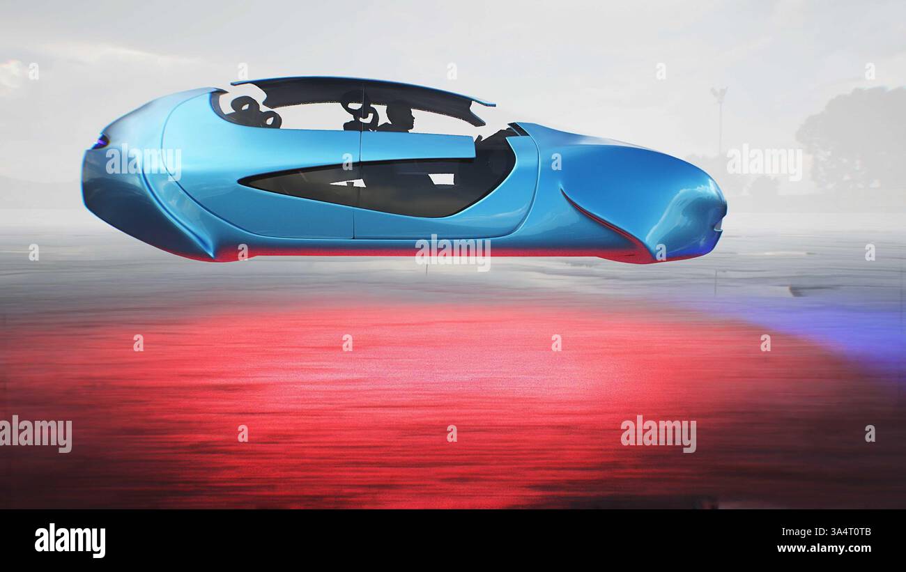 Futuristic flying car very fast driving on desert stone highway ...