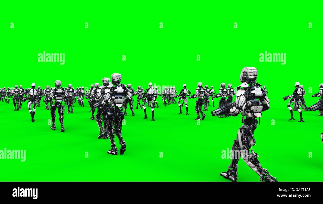 a crowd of walking robots with weapons. green screen.3d rendering Stock ...