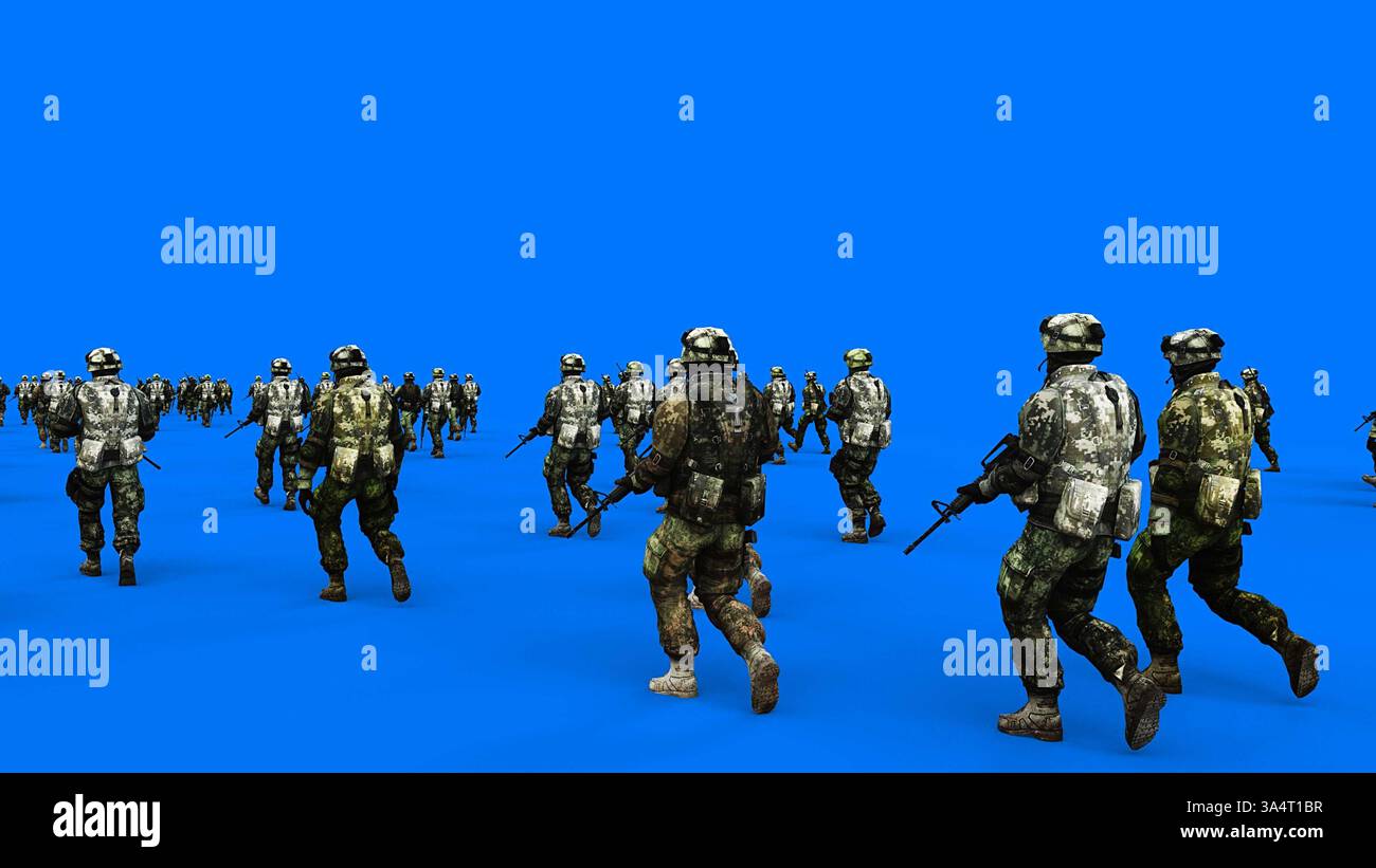 a crowd of walking soldiers with weapons. green screen. War, conflict ...