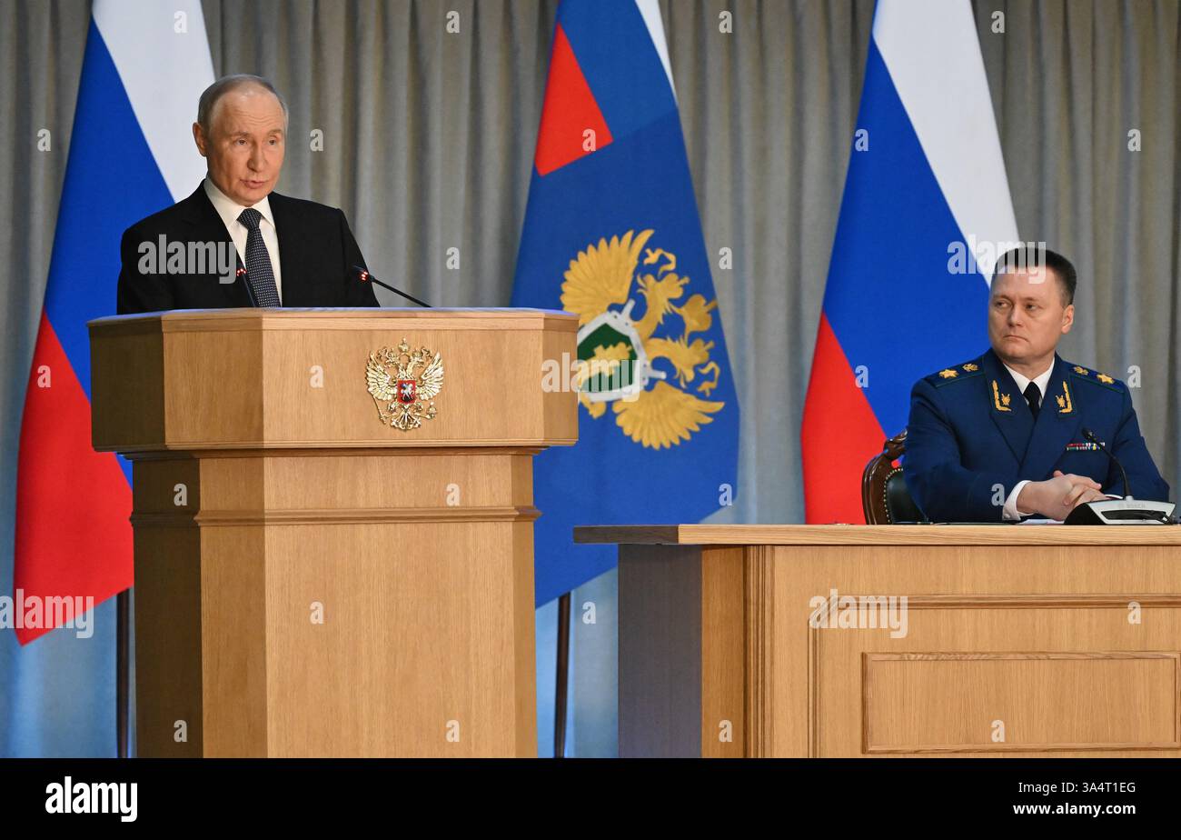Moscow, Russia. 19th Mar, 2025. Russian President Vladimir Putin (left) and Russian Prosecutor ...
