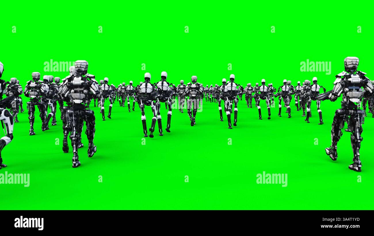 a crowd of walking robots with weapons. green screen.3d rendering Stock ...