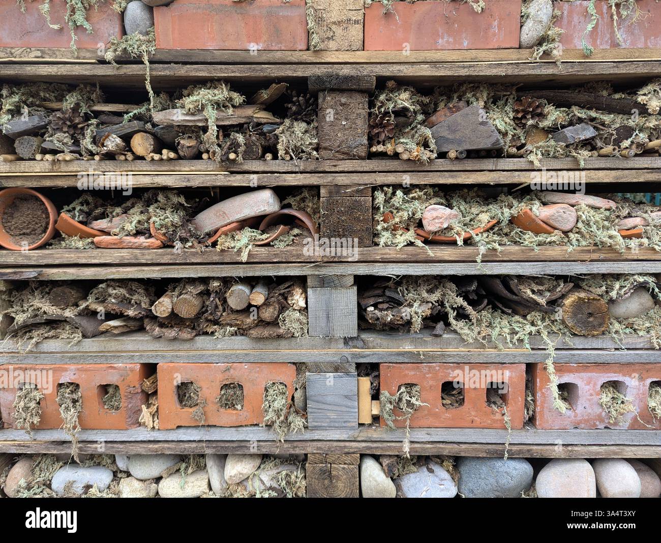Using pallets, bricks and garden debris to create a bug hotel Stock ...