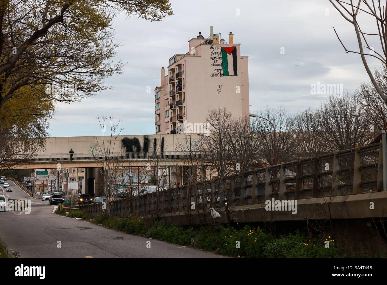 Marseille, France. 19th Mar, 2025. Palestinian flag on a building in ...