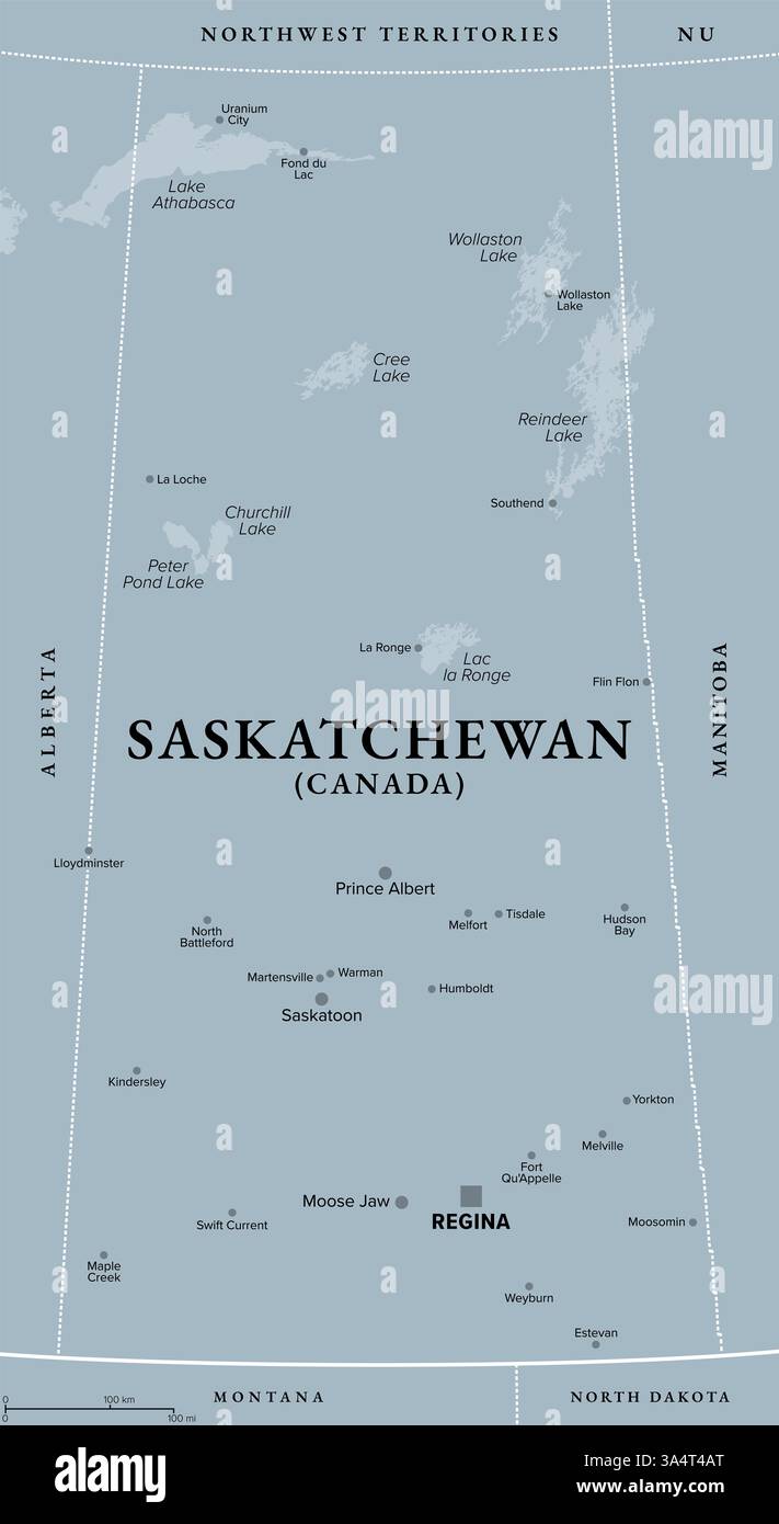 Saskatchewan, province in Western Canada, gray political map with ...