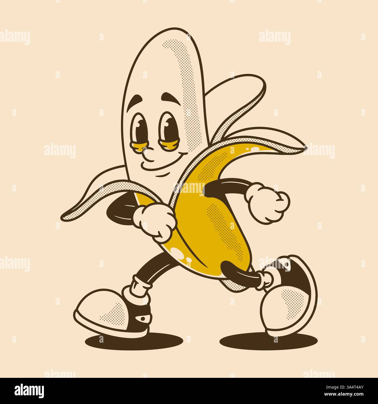 Vintage banana mascot character in running pose with happy face Stock ...