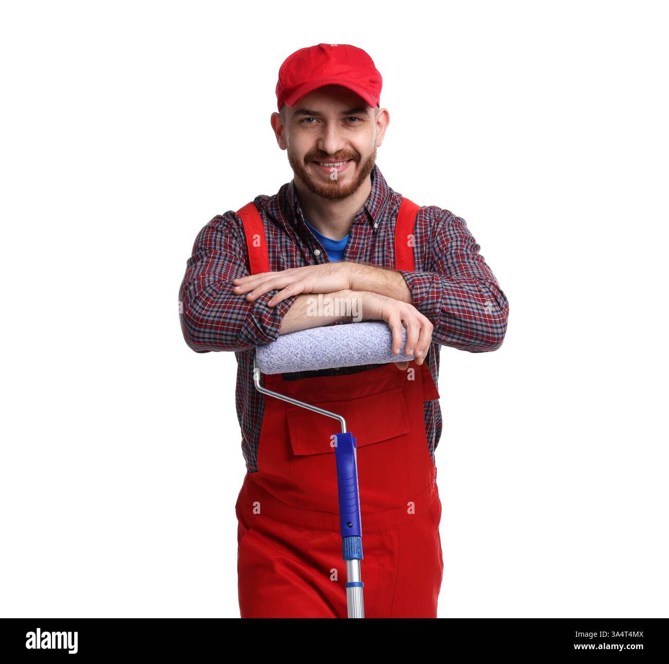 Professional painter with roller on white background Stock Photo - Alamy