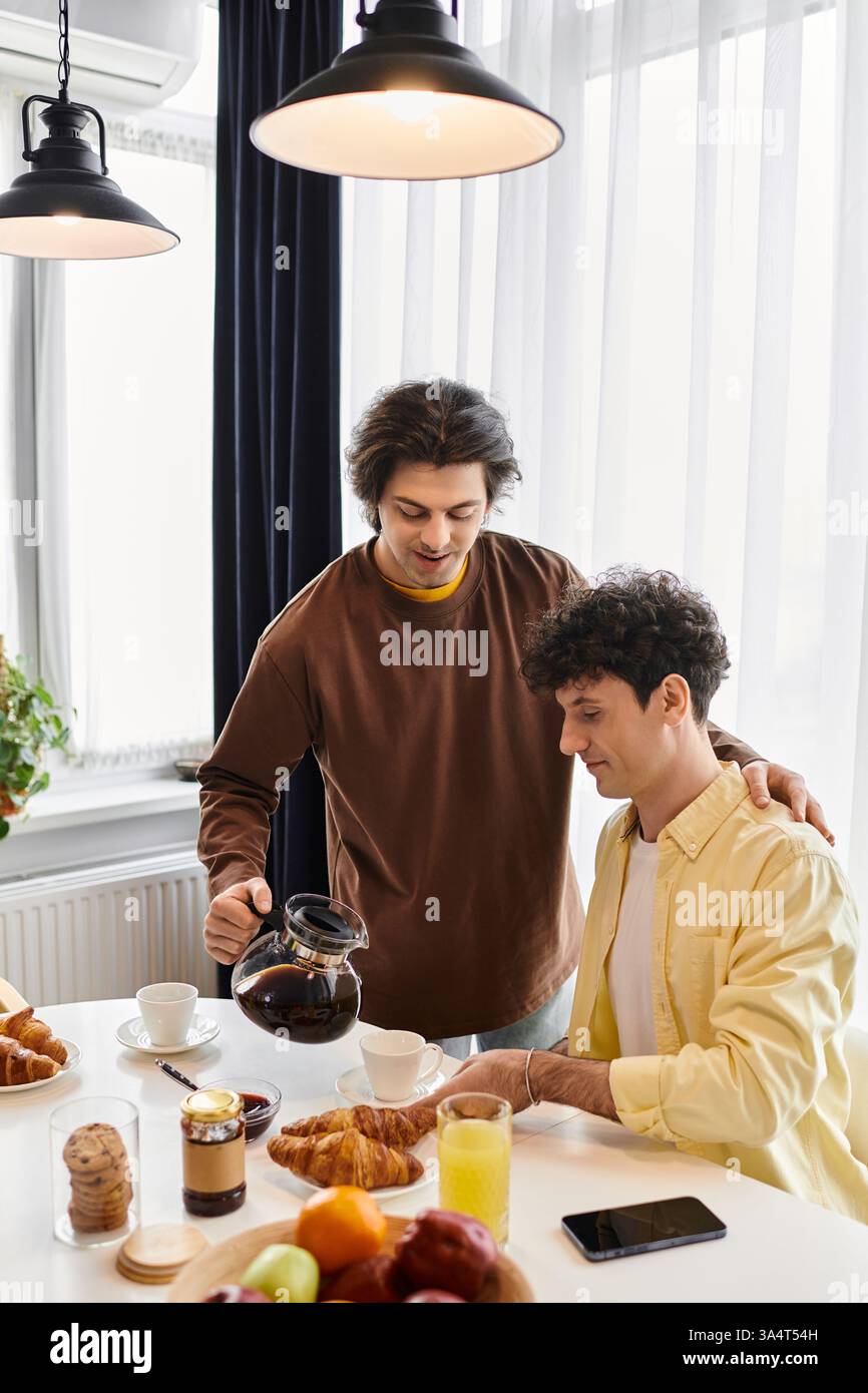 gay couple share a breakfast together, surrounded by a warm and ...