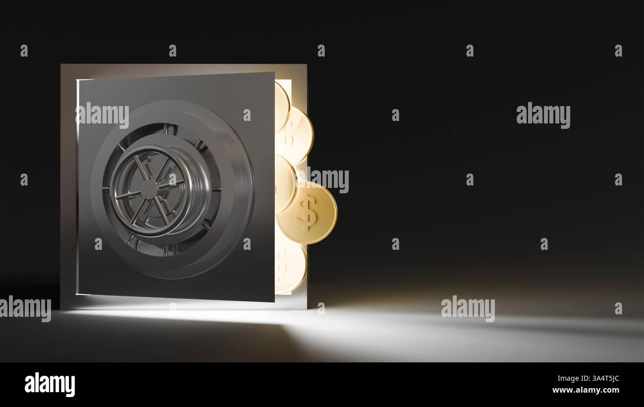 3D model of steel safe with round door and round lock and gold coins on ...
