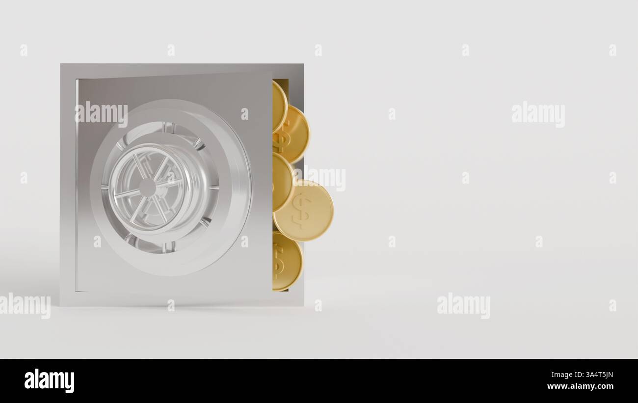 3D model of steel safe with round door and round lock and gold coins on ...