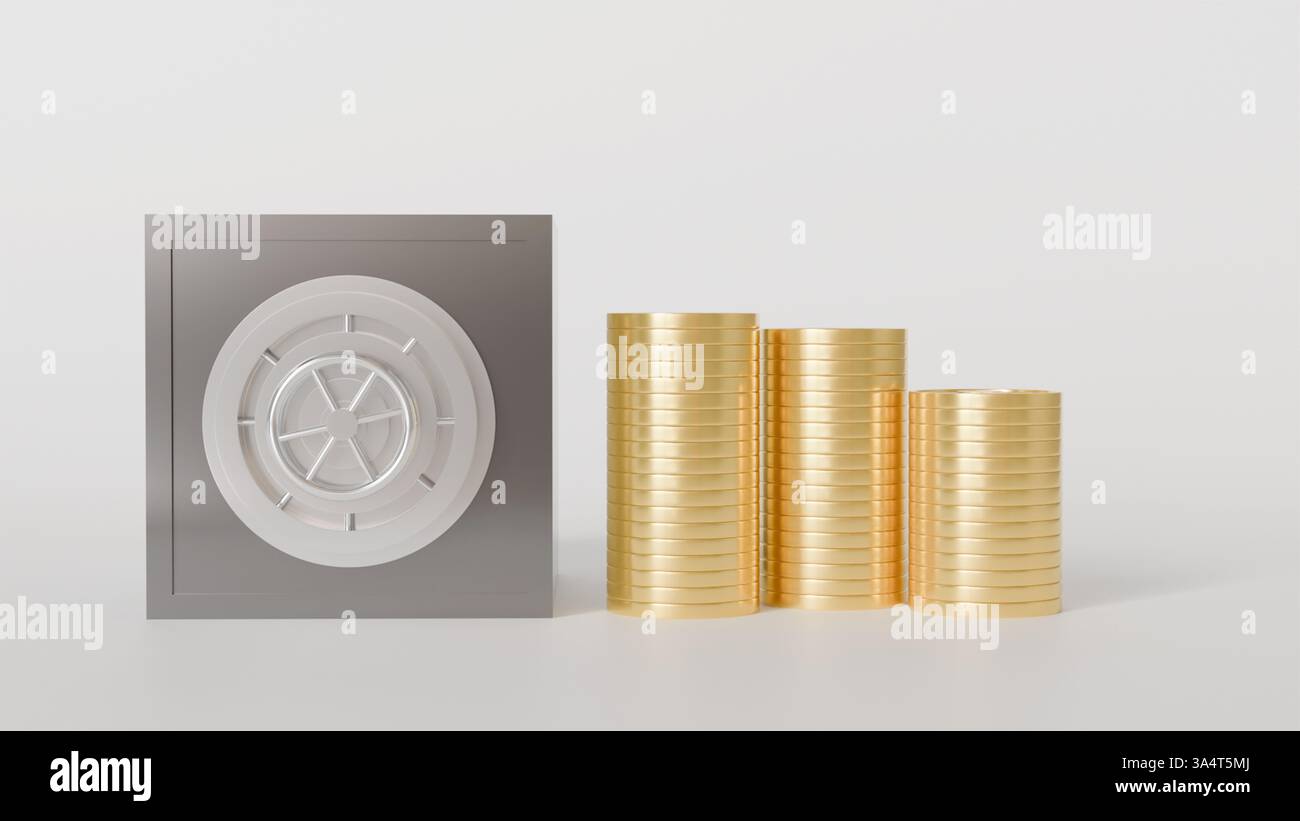 3D model of steel safe with round door and round lock and gold coins on ...
