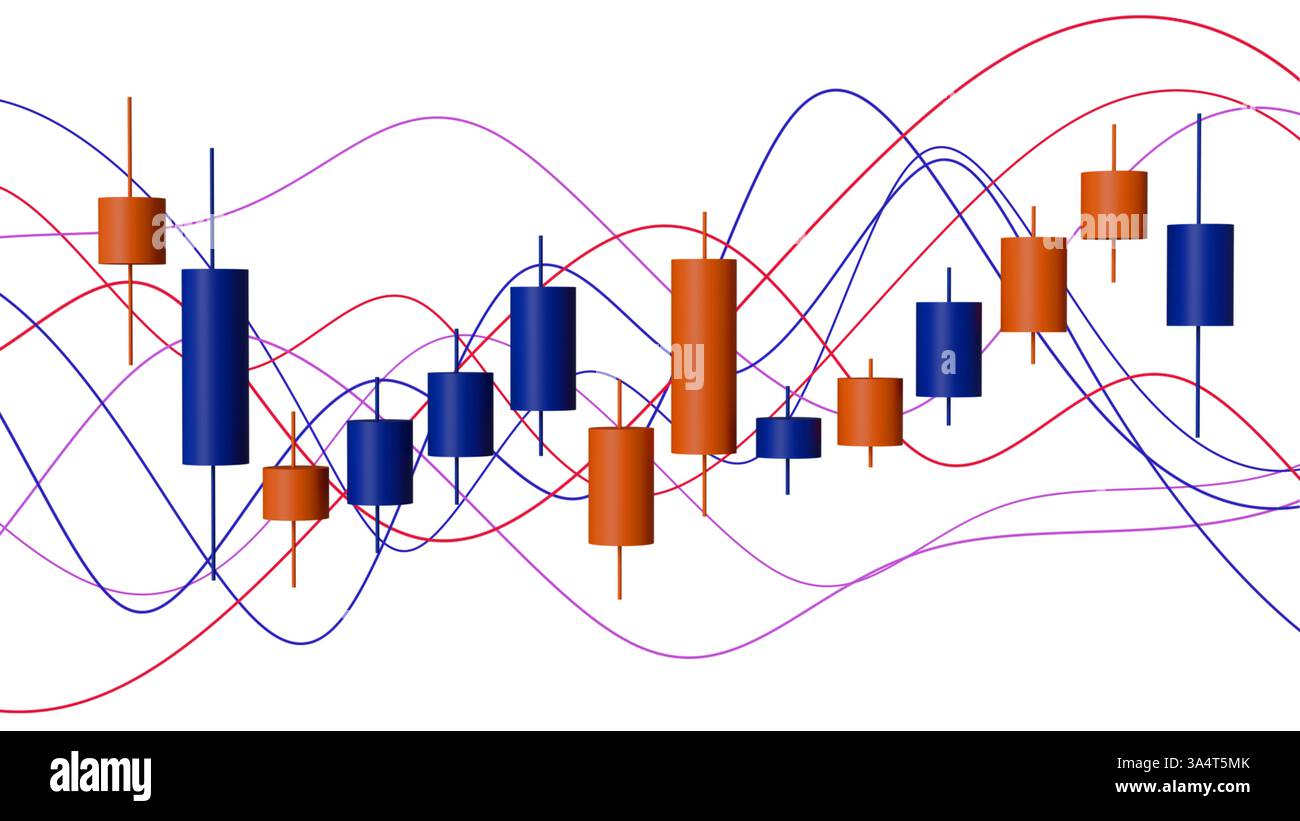 3D model of stock market chart candlestick chart and wavy lines ...