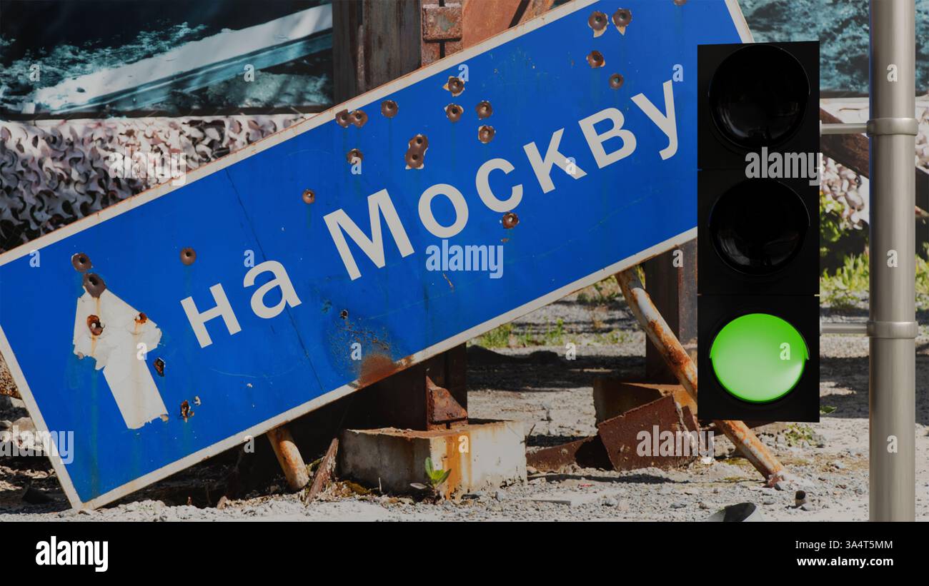 A road sign shot through with bullets with the text to Moscow and an ...
