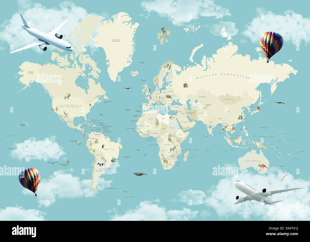 Vintage World Map with Airplanes and Hot Air Balloons | Travel-Themed ...