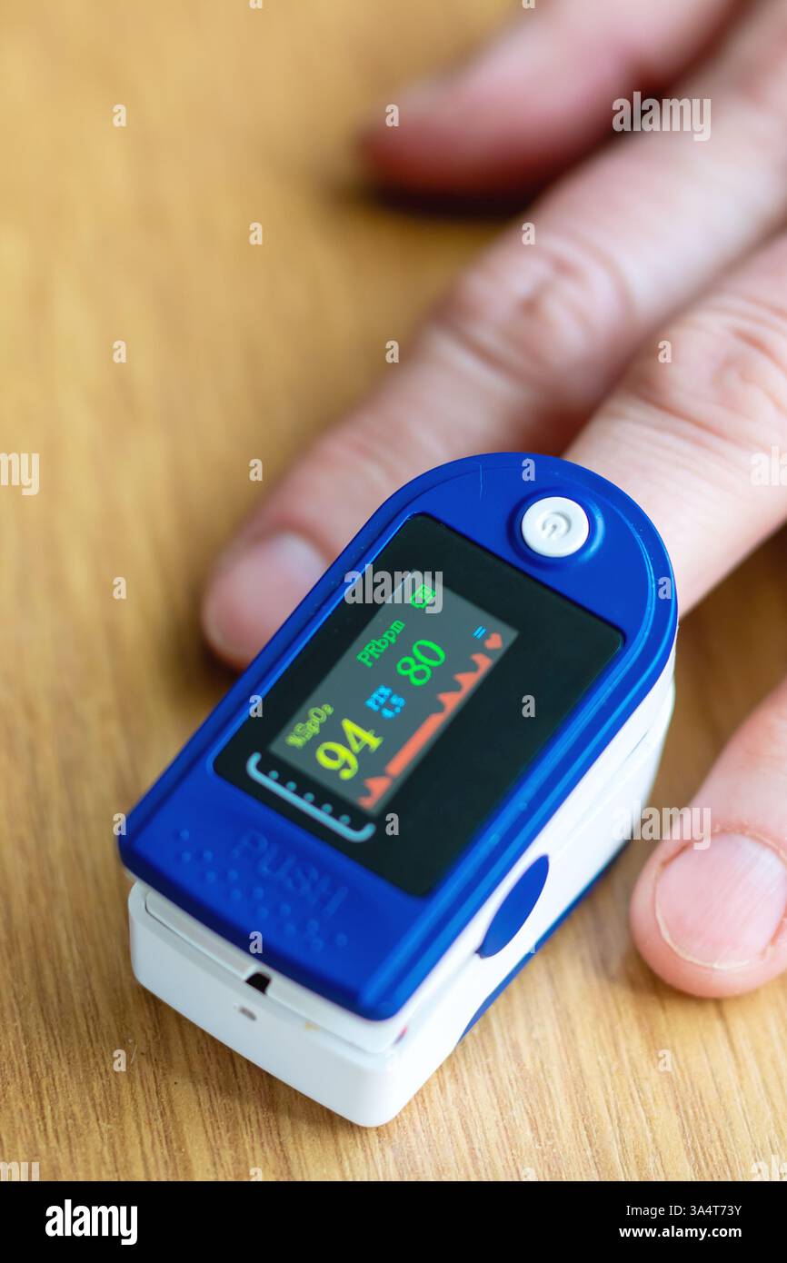 A person is currently using a pulse oximeter, which is a small ...