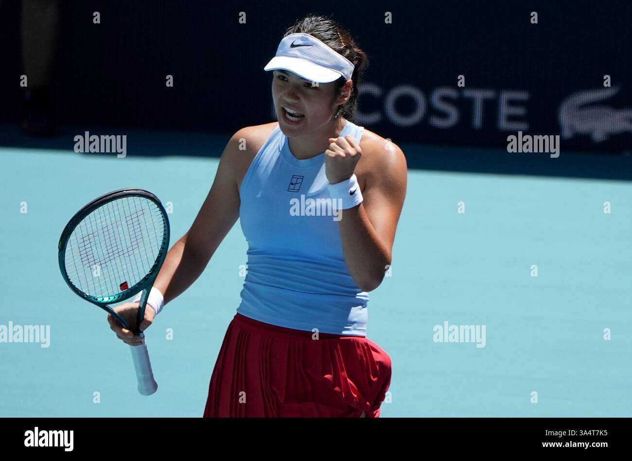 Emma Raducanu, of Great Britain, reacts after winning a point against Sayaka Ishii, of Japan ...