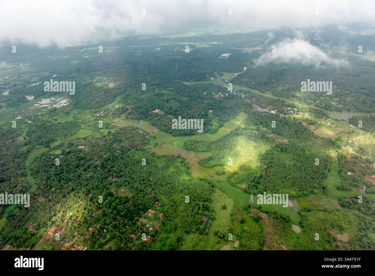 Sri Lankan landscape aerial view of rural area with palm plantations ...
