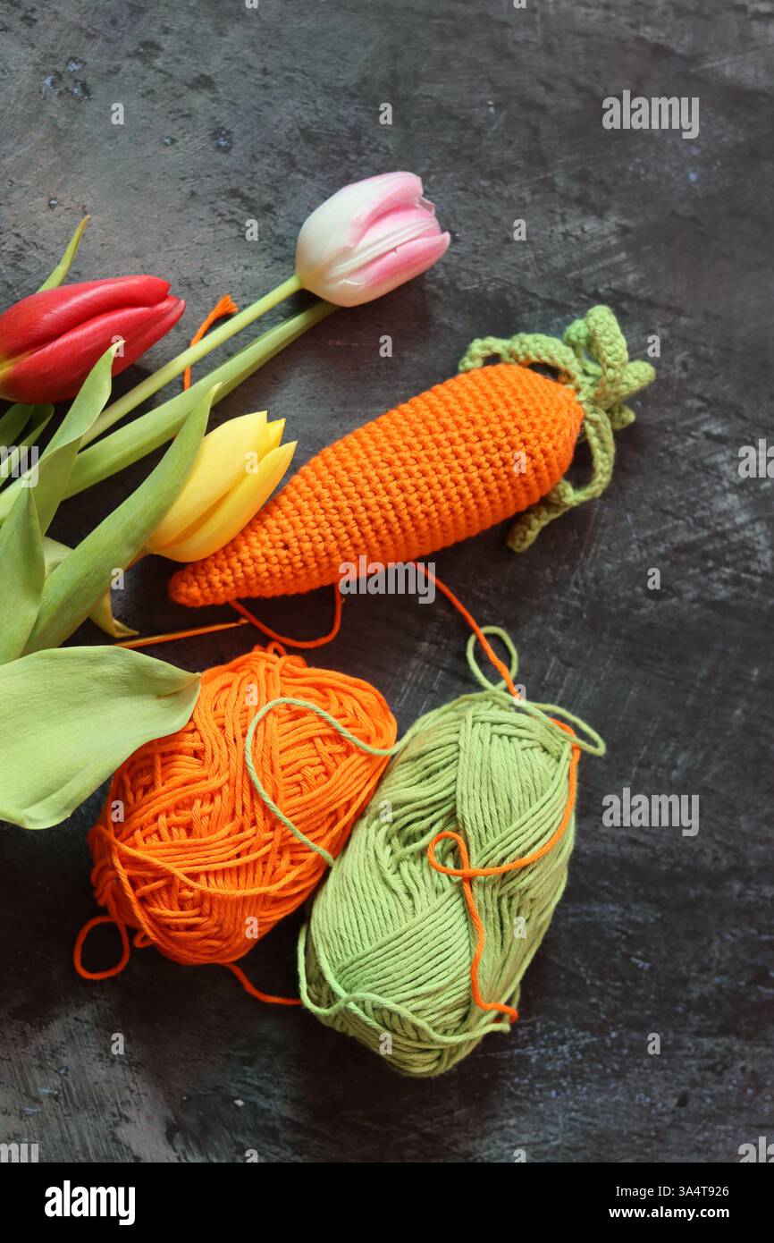 Handmade crocheted carrot, tulips and cotton yarn balls. Hand made ...