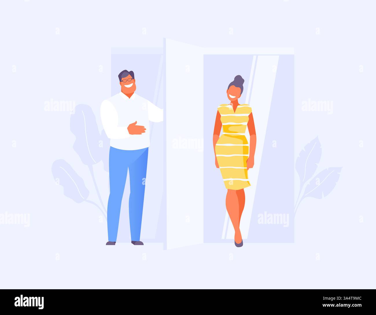 Polite man opens the door for a woman. Social situations. Vector ...