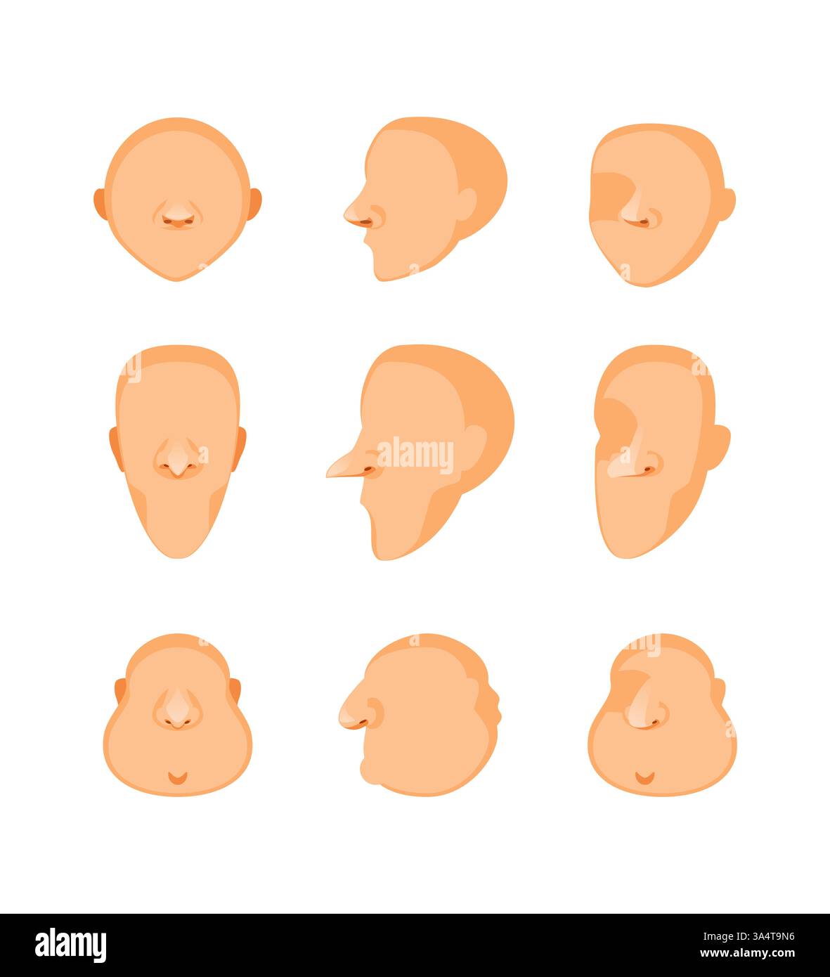 Set of cartoon heads, front view, side view and three quarters. Face ...