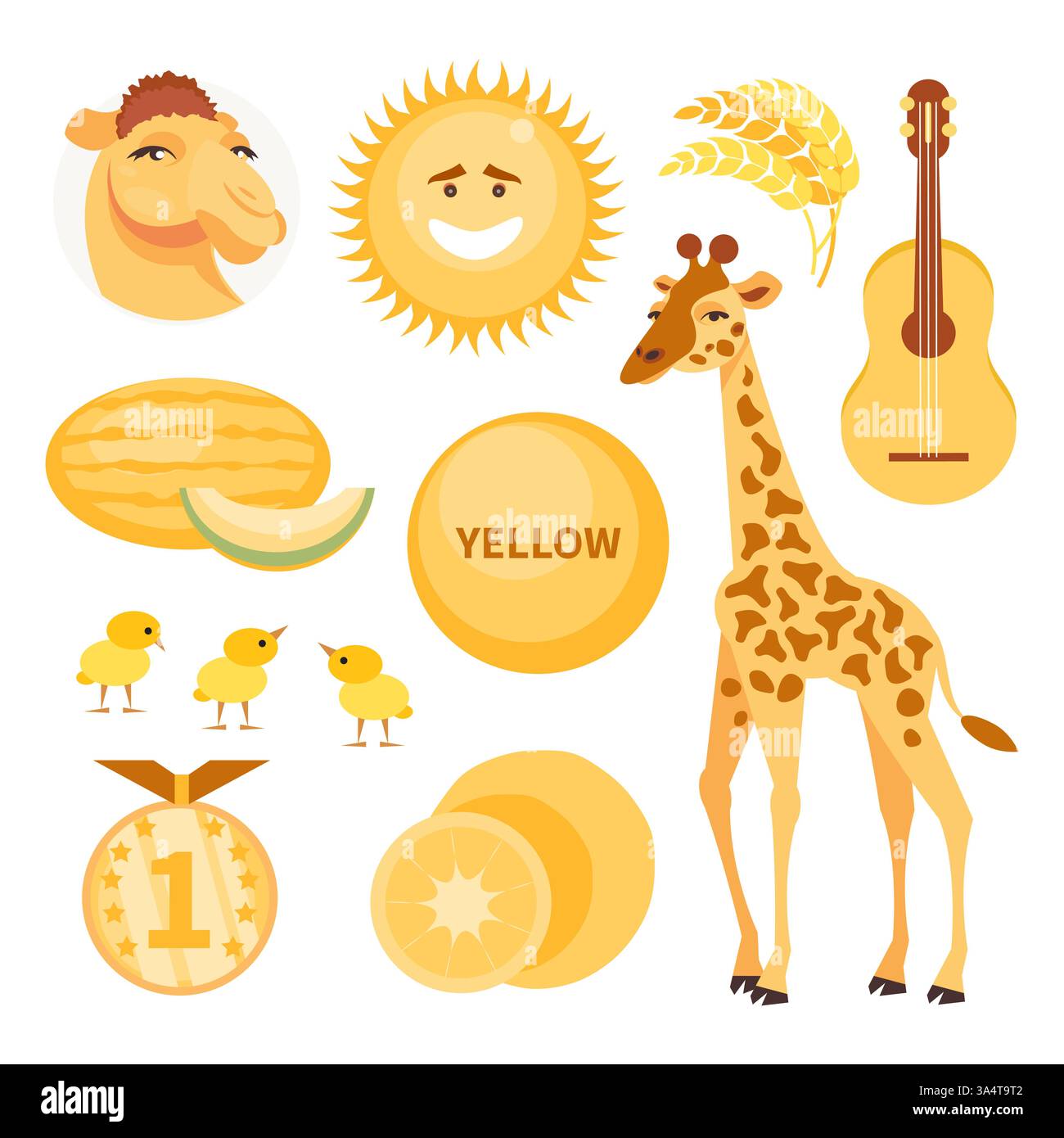 Card for the study of yellow. Set of yellow objects. Kids educational ...