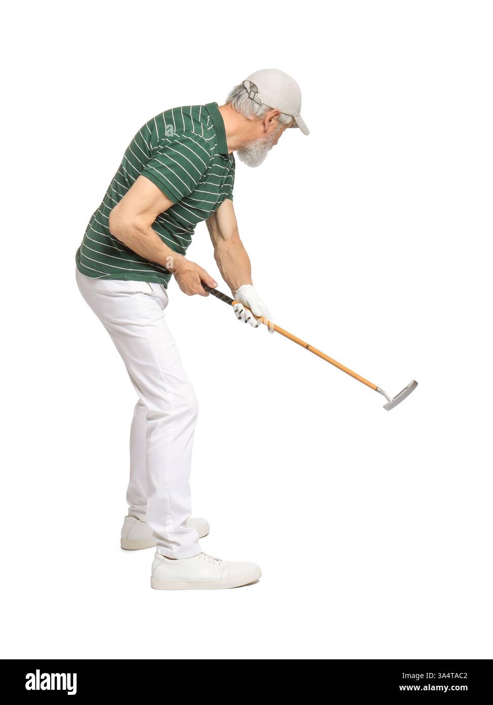 Senior man with golf club on white background Stock Photo - Alamy