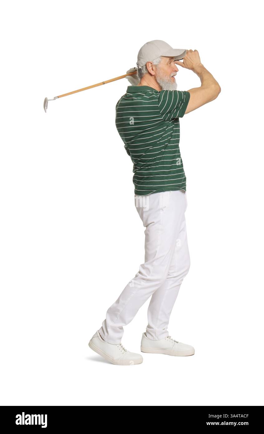 Senior man with golf club on white background Stock Photo - Alamy