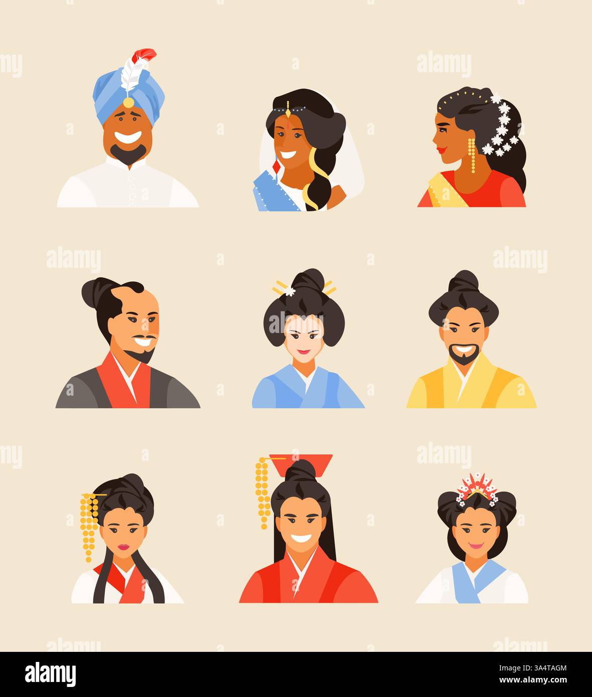 Portraits of ancient Chinese, Japanese, Hindu set. Appearance and ...