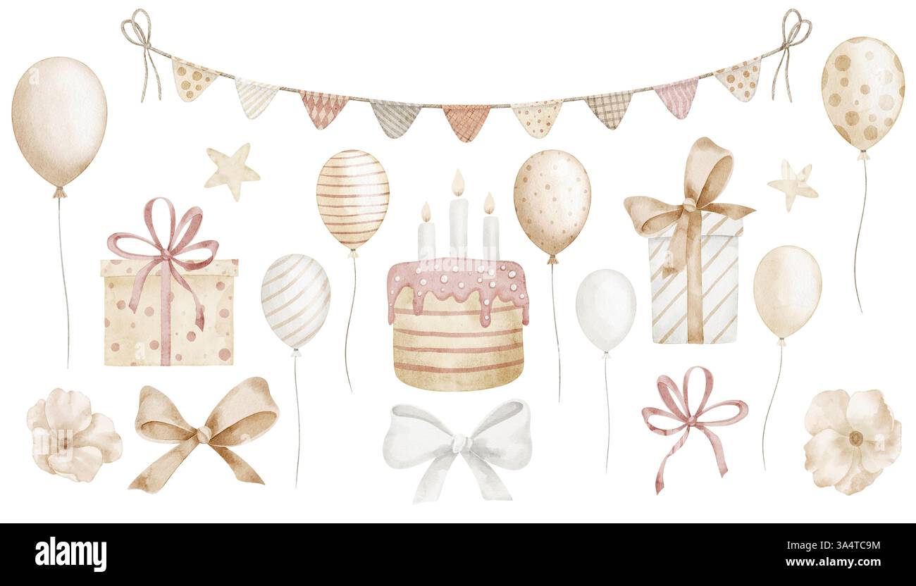 Watercolor illustration set with Birthday elements, including Cake ...