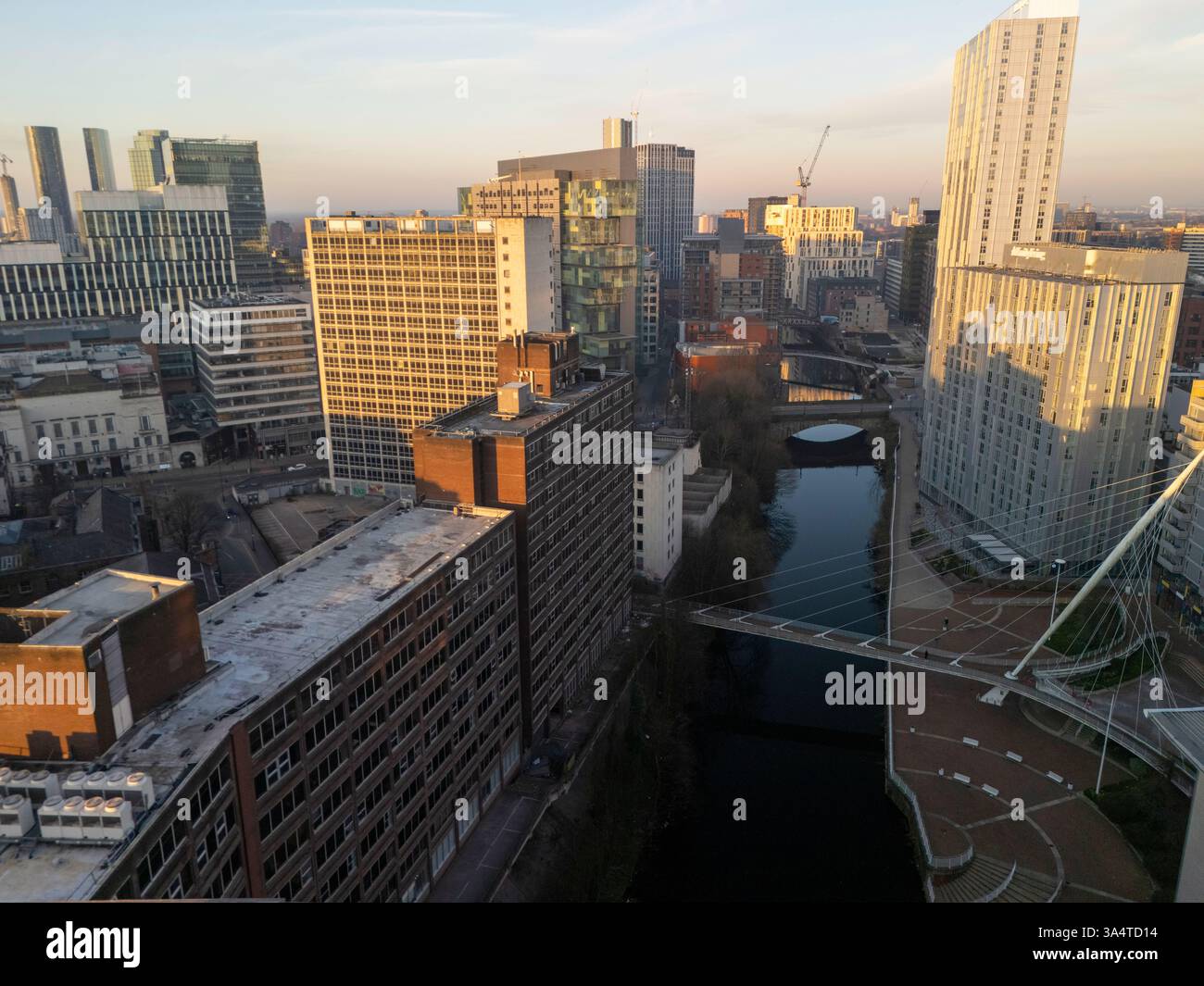 Panoramic aerial image of Manchester skyline on a sunrise over River ...