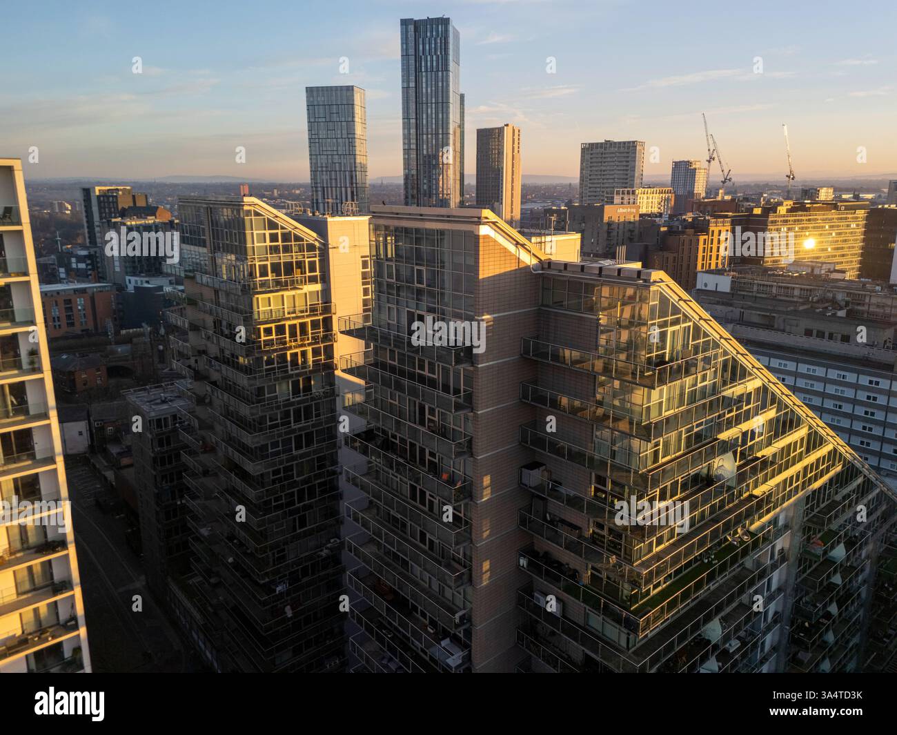 Panoramic aerial image of Manchester skyline on a sunrise over River ...