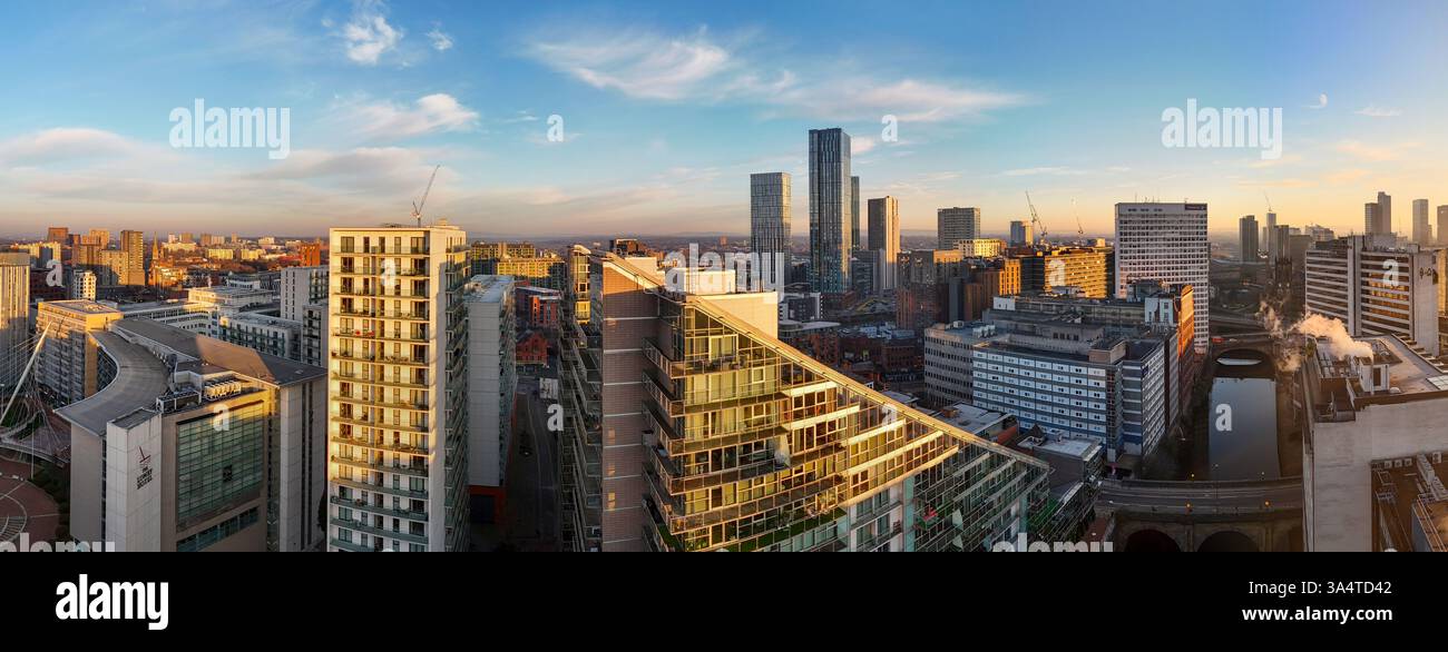Panoramic aerial image of Manchester skyline on a sunrise over River ...