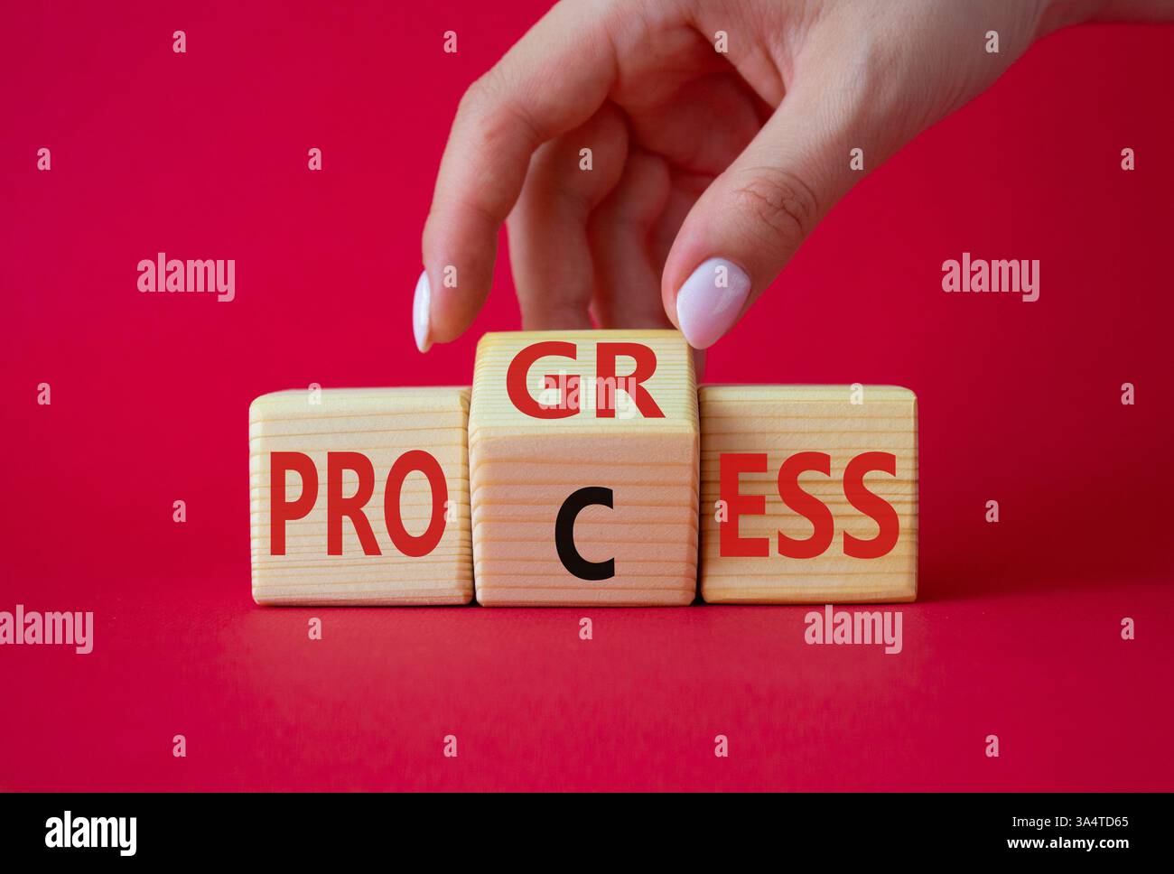 Process and Progress symbol. Businessman hand turns wooden cubes and ...