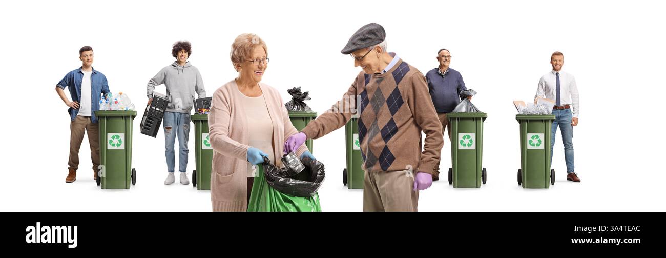 Elderly man and woman collecting tin cans and people recycling waste ...