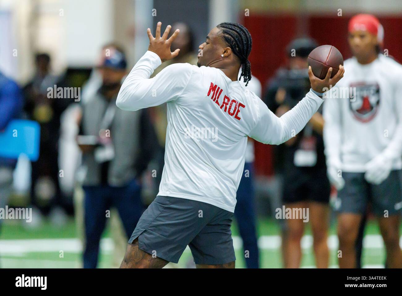 Quarterback Jalen Milroe throws during passing drills at Alabama's NFL ...