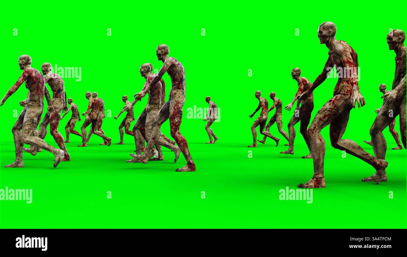 a crowd of walking zombies. green screen. Apocalyptic concept. 3d ...