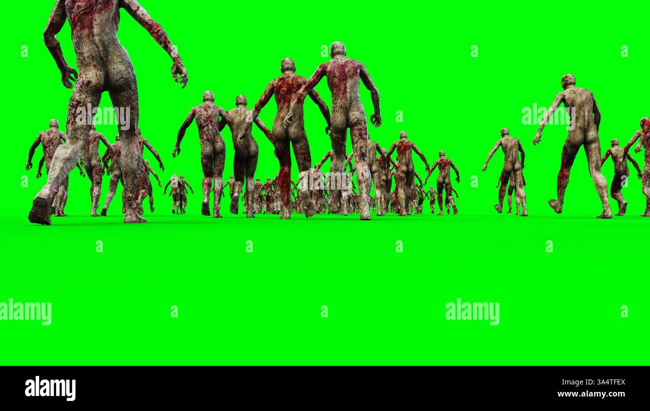 a crowd of walking zombies. green screen. Apocalyptic concept. 3d ...