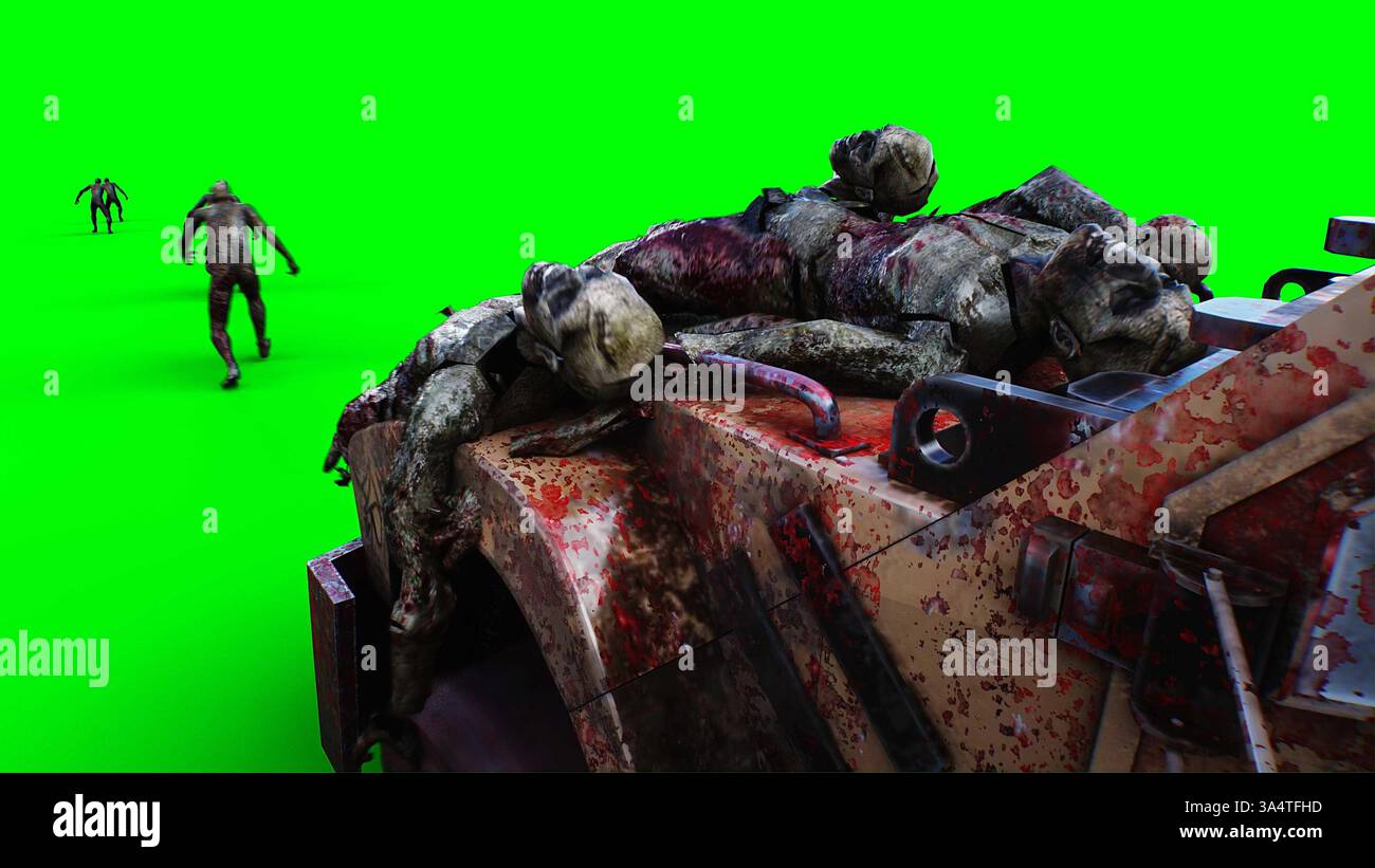 zombie car drives and hits zombies. Apocalyptic concept. Green screen ...