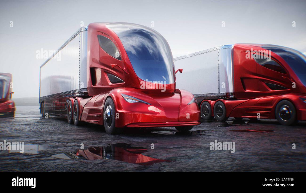 Futuristic electric cargo semi truck in desert stone highway ...