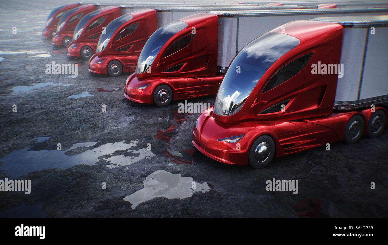 Futuristic electric cargo semi truck in desert stone highway ...